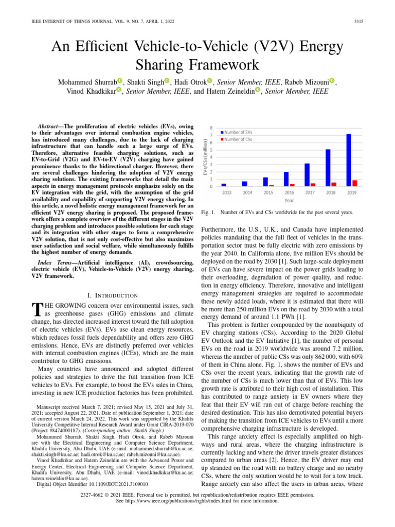 An Efficient Vehicle-To-Vehicle V2V Energy Sharing Framework | PDF | Electric Vehicle