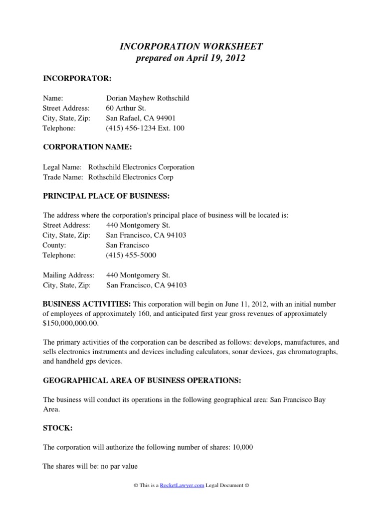 Articles of Incorporation Worksheet | PDF | Corporations | Zip Code