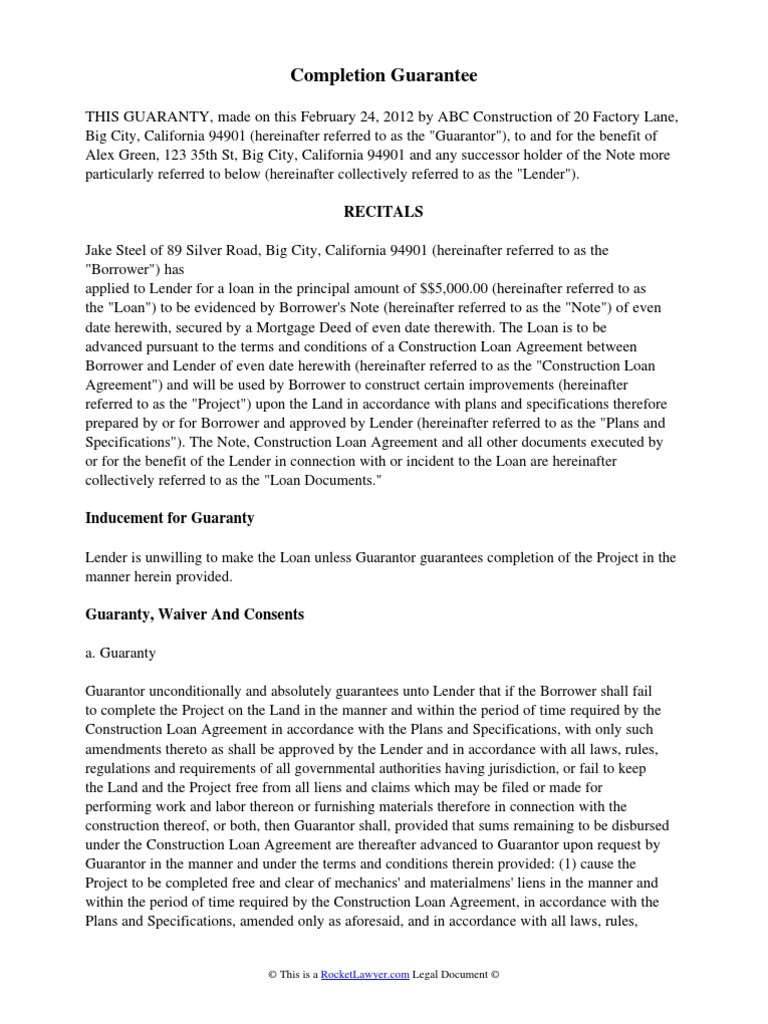Completion Guarantee | PDF | Guarantee | Loans