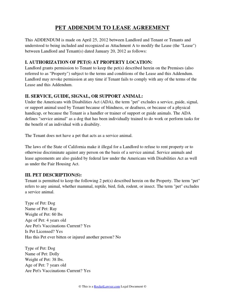 Pet Addendum | Lease | Leasehold Estate