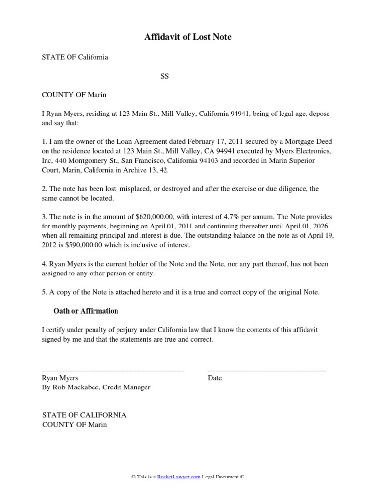 California Lost Note Affidavit | PDF