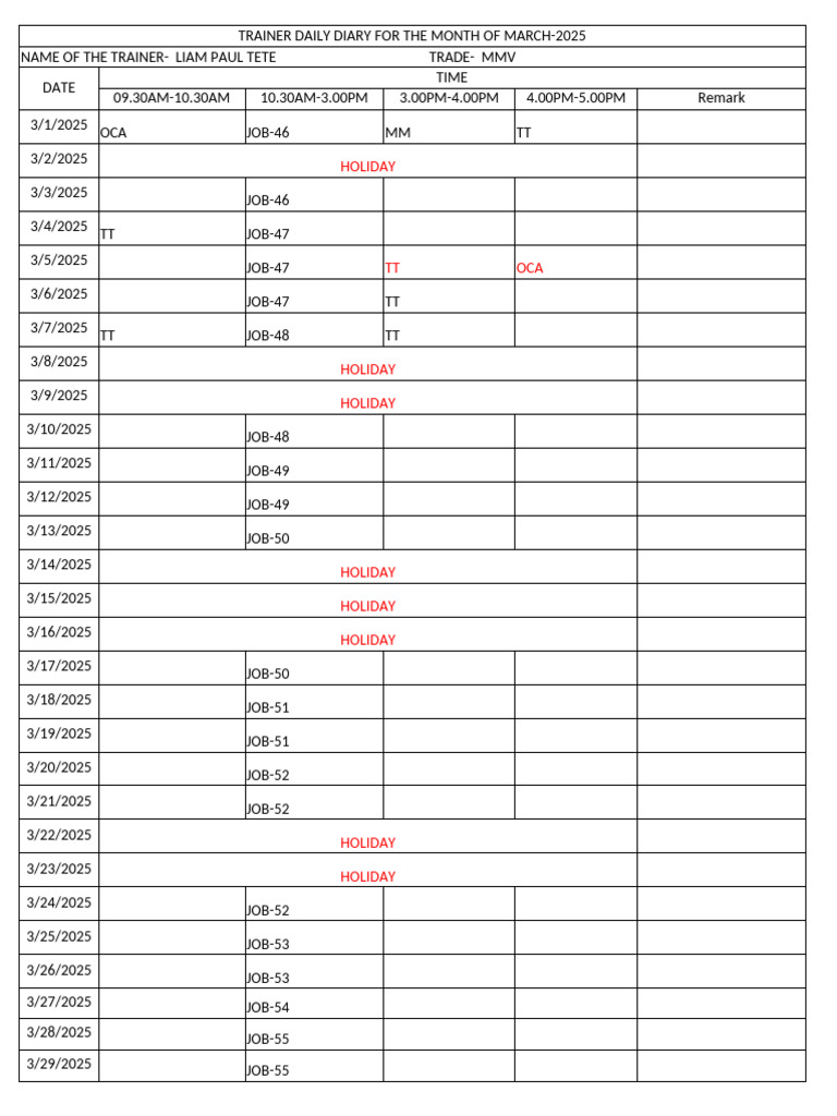 Trainer Daily Diary 24-25 May | PDF | Tools