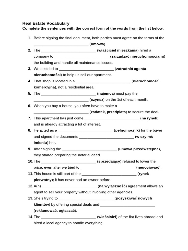 Real Estate Vocabulary Worksheet | PDF
