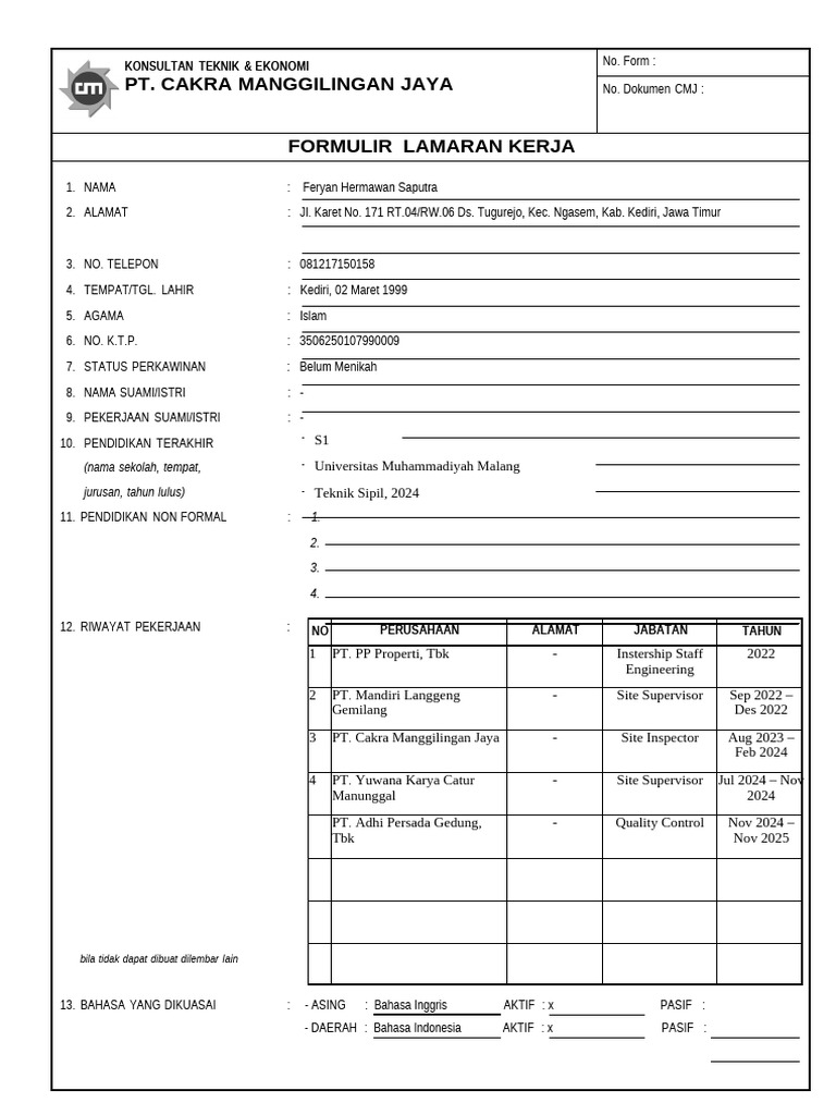FORM Lamaran Kerja | PDF