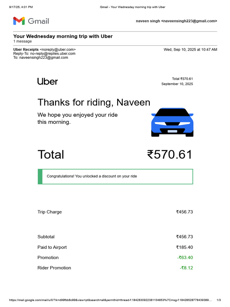 Gmail - Your Wednesday Morning Trip With Uber | PDF