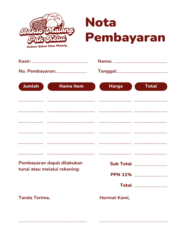 Contoh Nota Pembayaran Bakso Malang | PDF