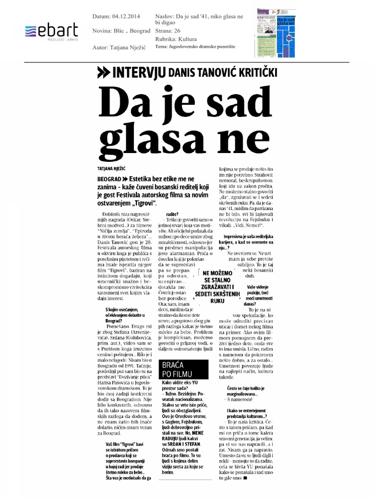 Danis Tanovic Intervju Blic 2014 JDP | PDF