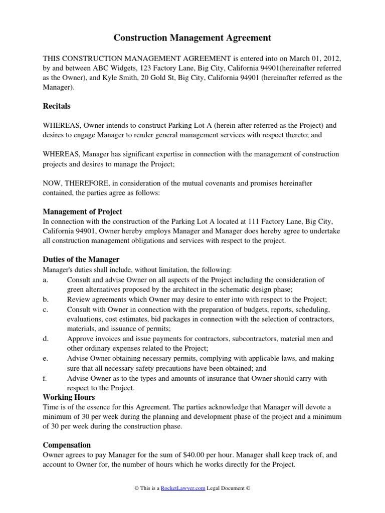 Construction Management Agreement Template | PDF | Arbitration ...