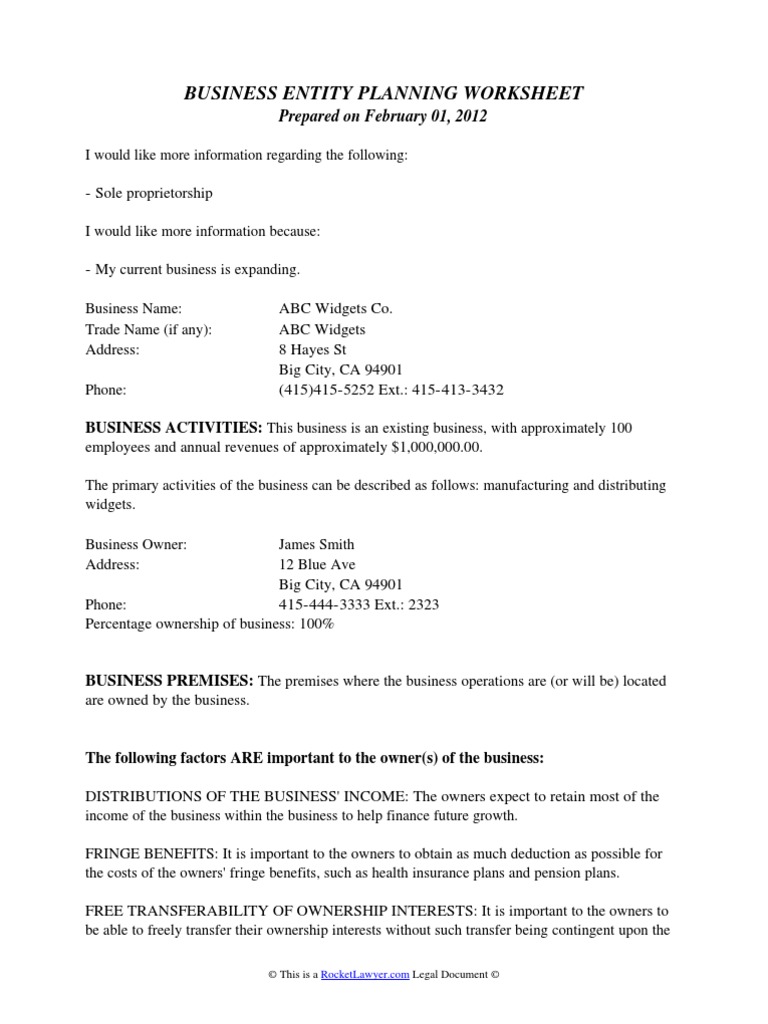 Business Entity Planning Worksheet | PDF | Ownership | Limited ...