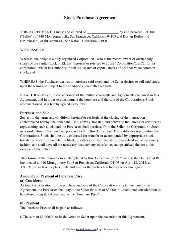 Stock Purchase Agreement | PDF | Stocks | Security Interest