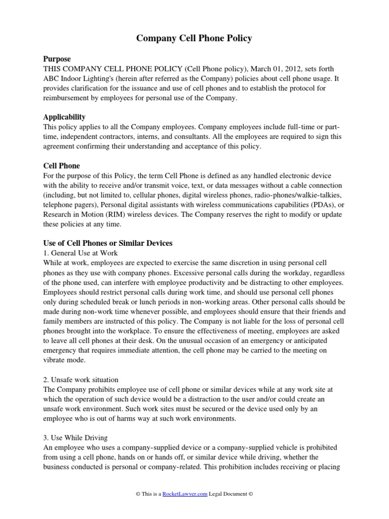Company Cell Phone Policy | Mobile Phones | Personal Digital Assistant