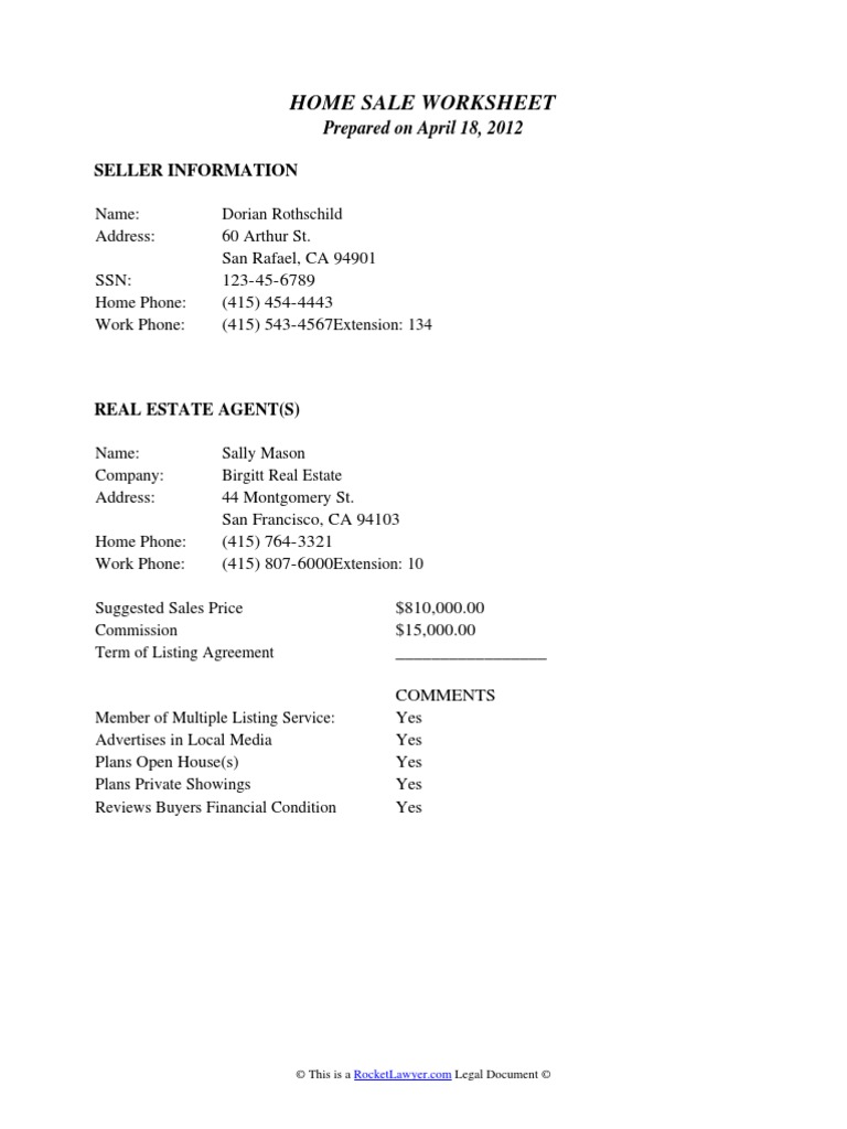 Home Sale Worksheet | Mortgage Law | Insurance