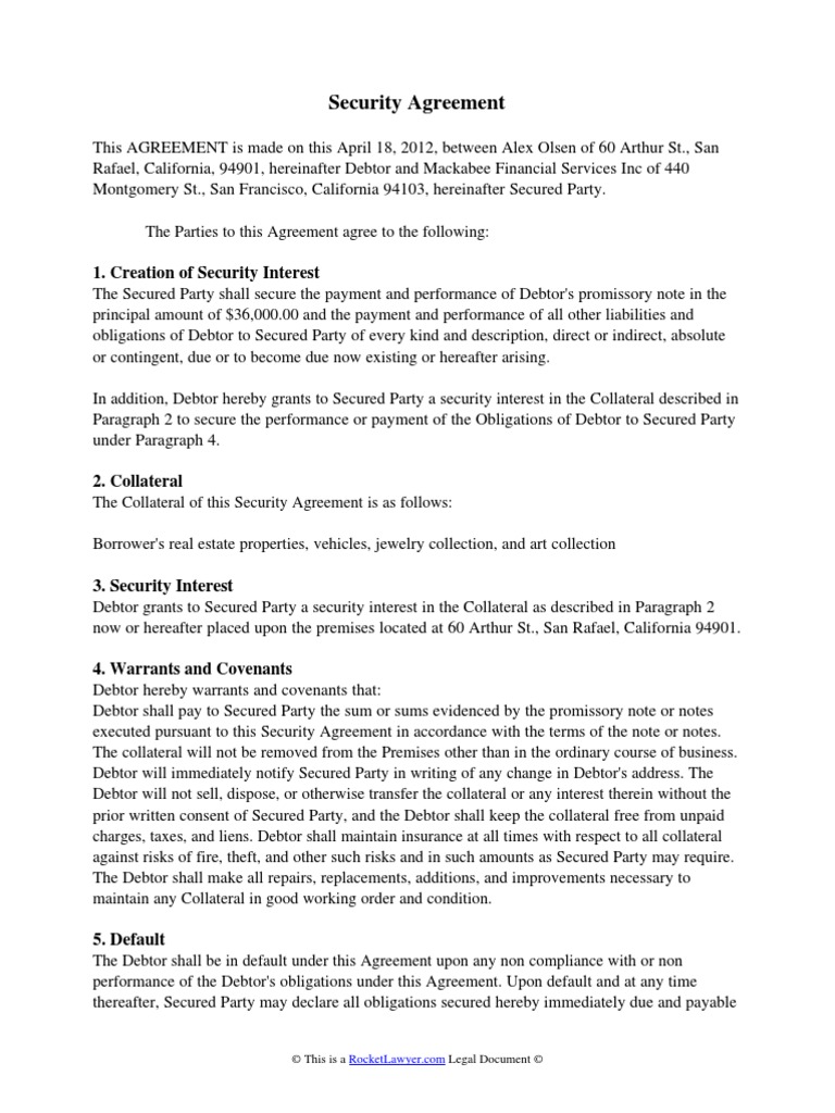 Security Agreement | PDF | Debtor | Security Interest
