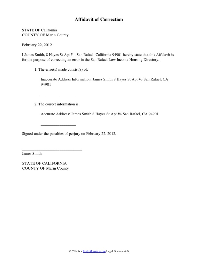Affidavit of Correction