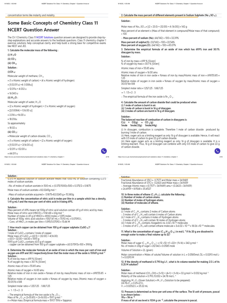 Class 11 Chemistry NCERT Solutions | PDF | Mole (Unit) | Methane