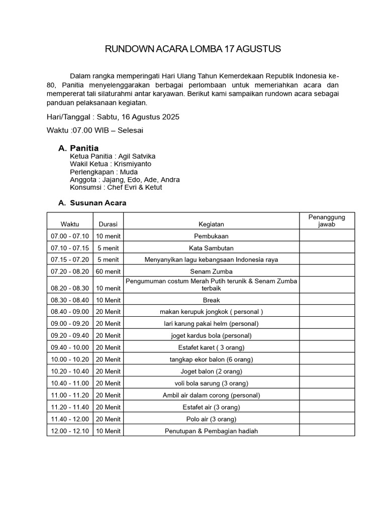 Rundown Lomba HUT RI 80 Tahun 2025 | PDF