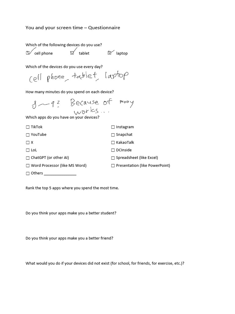 Screen Time Usage Questionnaire | PDF
