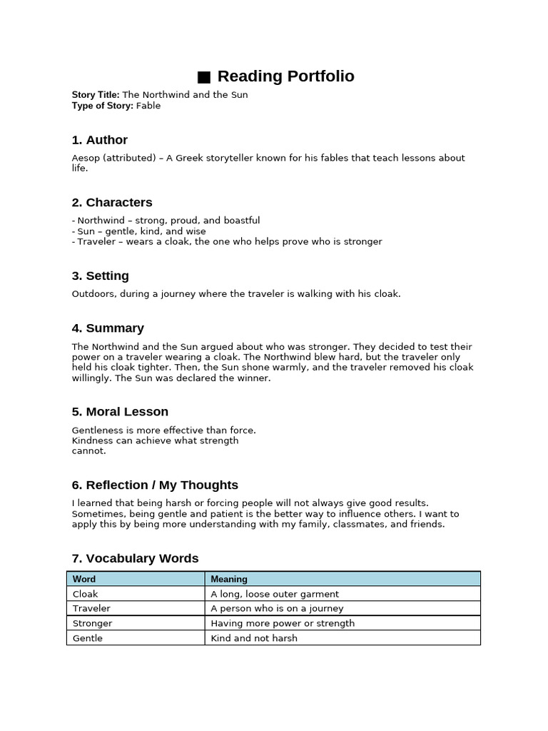 Reading Portfolio The Northwind and The Sun | PDF