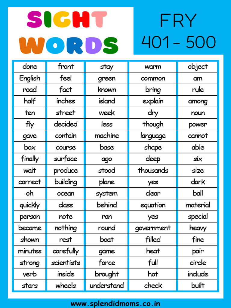 Fry's 500 Sight Words: 401-500 | PDF