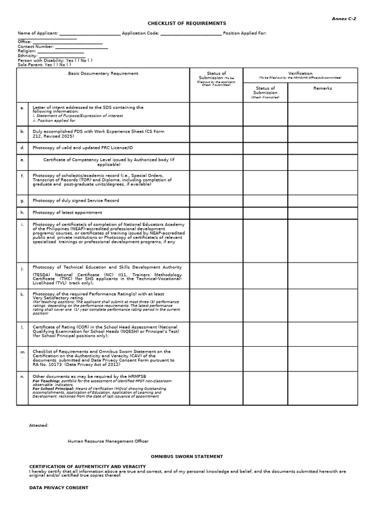 Annex C-2 - Checklist of Requirements and Omnibus Sworn Statement | PDF