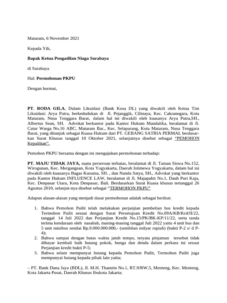 Contoh Surat Permohonan Kepailitan, Pkpu Dan Permohonan Pengangkatan ...
