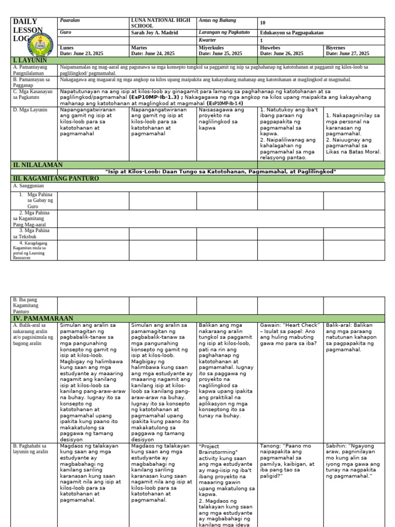 DLL-EsP 10 - Week 2 | PDF