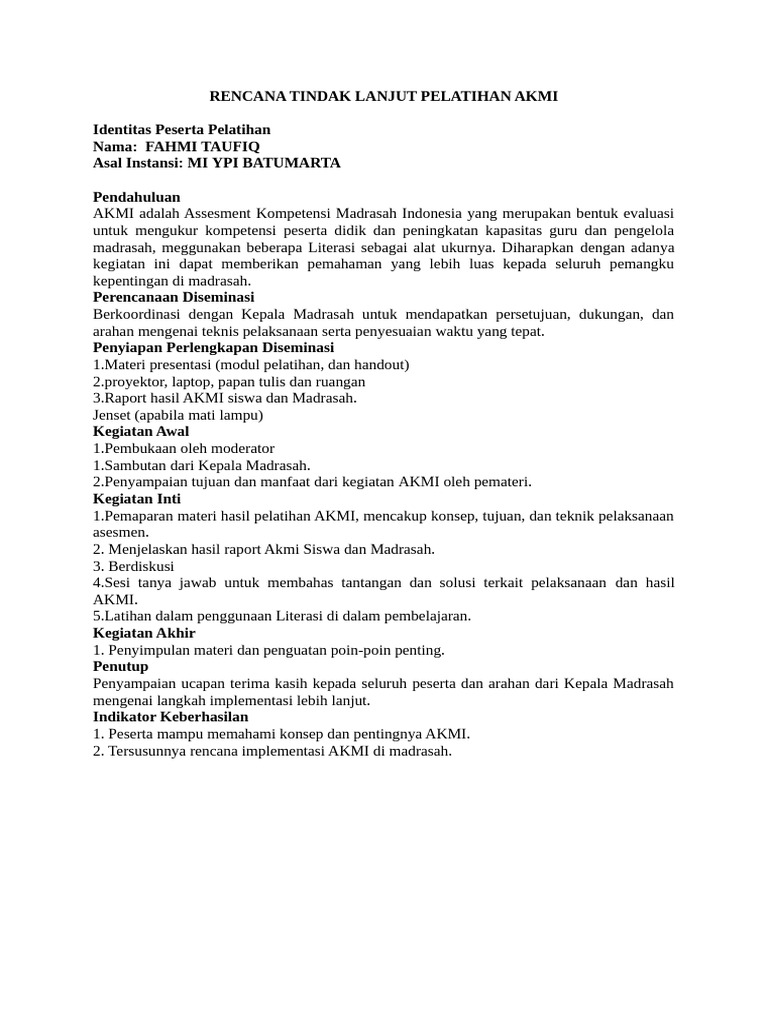Rencana Tindak Lanjut Pelatihan AKMI | PDF