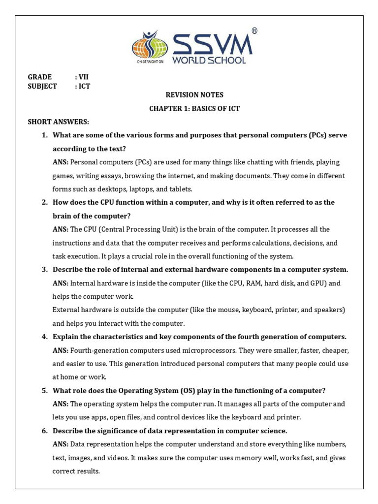 ICT Revision Notes for Grade VII | PDF | Personal Computers | Computer ...