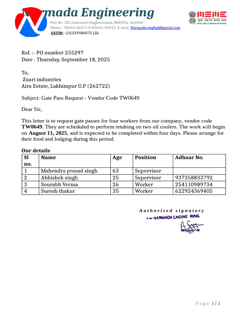 Letter For Gate Pass) | PDF