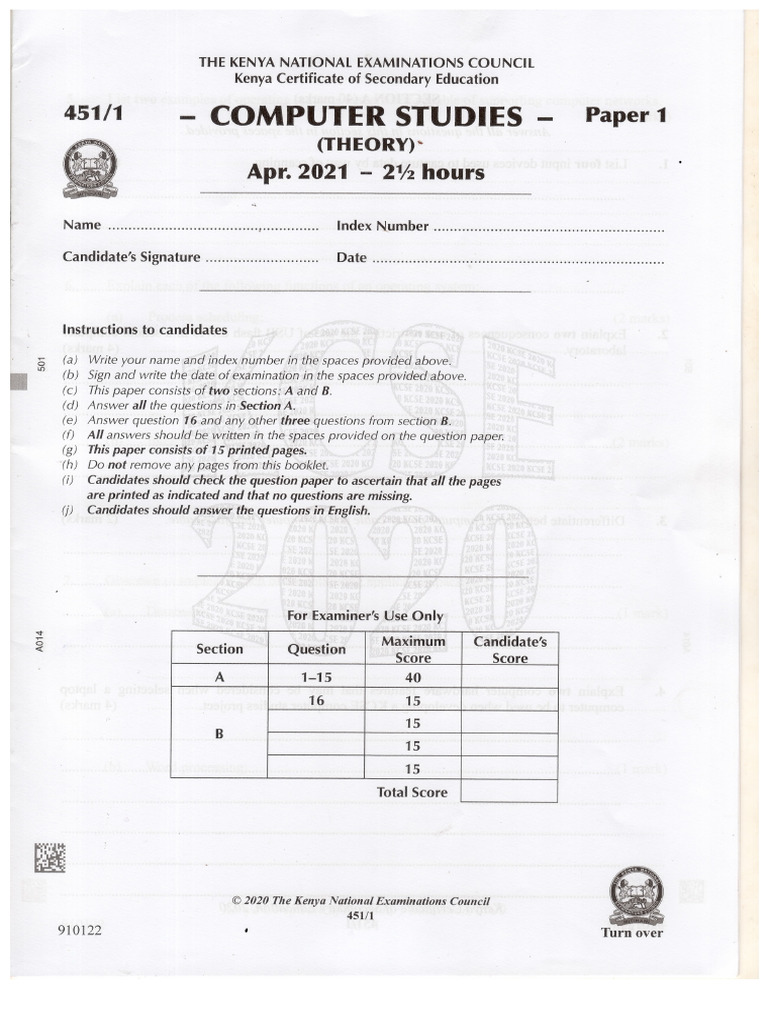 Computer Studies Kcse 2020 Paper 1 | PDF