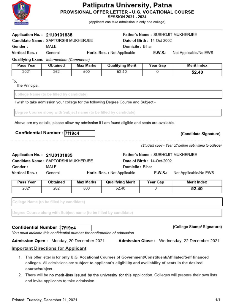 Provisional Open Merit Offer 21U0131835 | PDF | Educational Stages ...