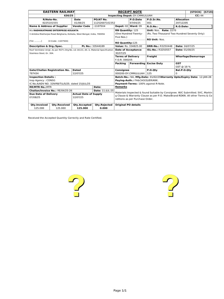 Eastern Railway Receipt Note Details | PDF | Business Documents