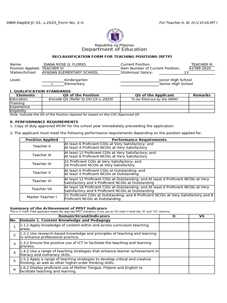 RFTP Reclassification Form for Teachers | PDF | Learning | Educational ...