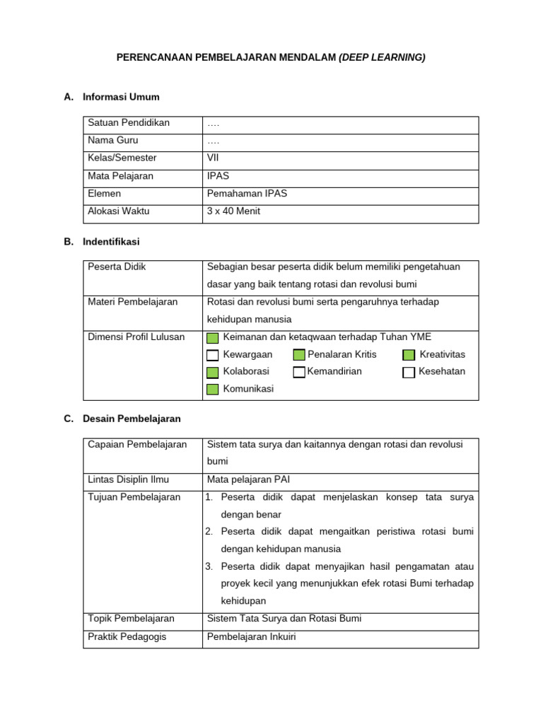 Contoh Perencanaan Pembelajaran Mendalam | PDF