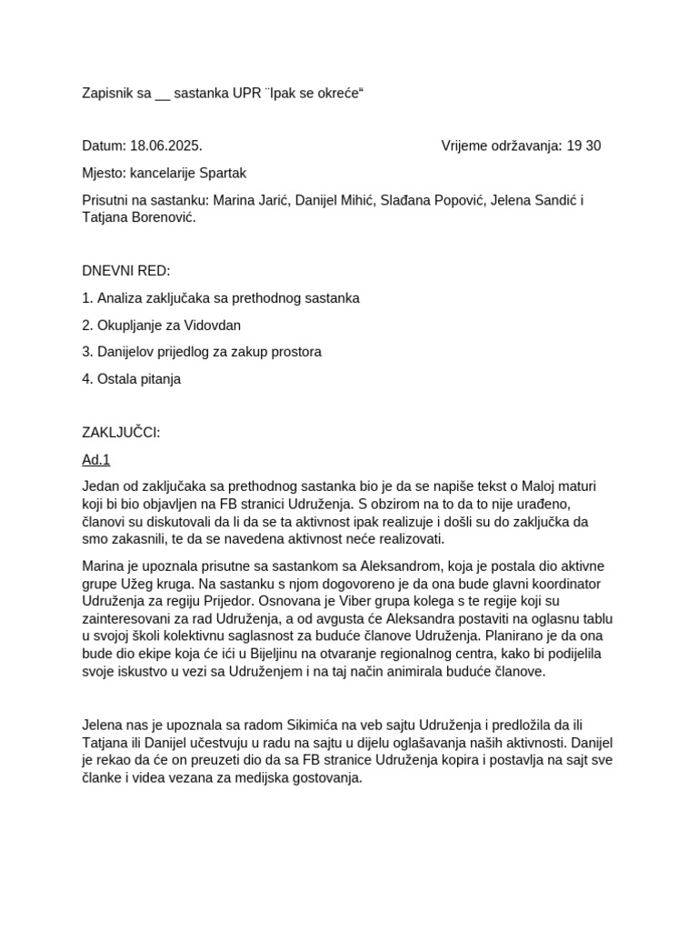 XVII Zapisnik Sa Sastanka Upr Ipak Se Okreće | PDF