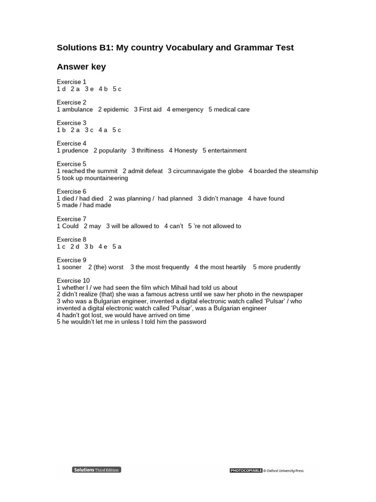 Solutions b11 My Country Test Answer Key | PDF