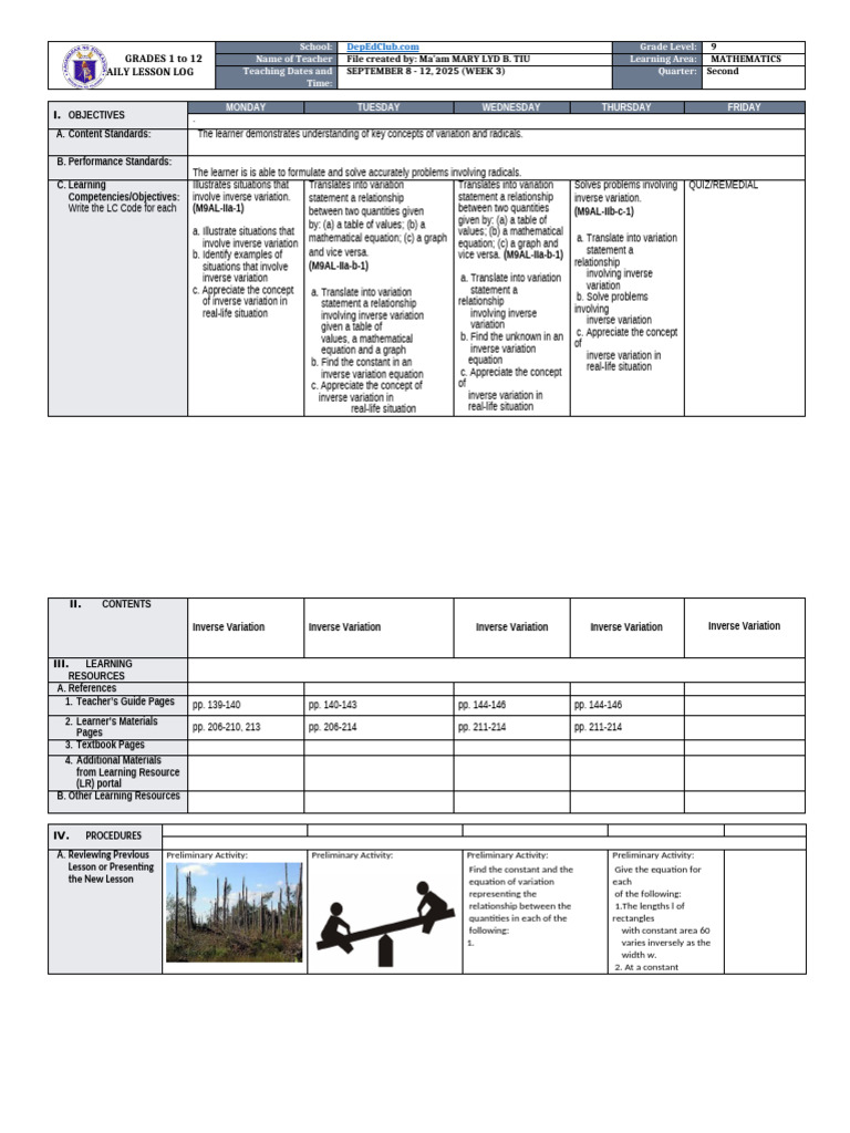 Grade 9 Mathematics Lesson Plan: Inverse Variation | PDF | Speed ...