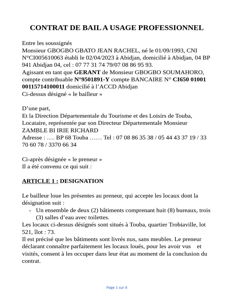 Contrat de Bail A Usage Professionnel | PDF | Location