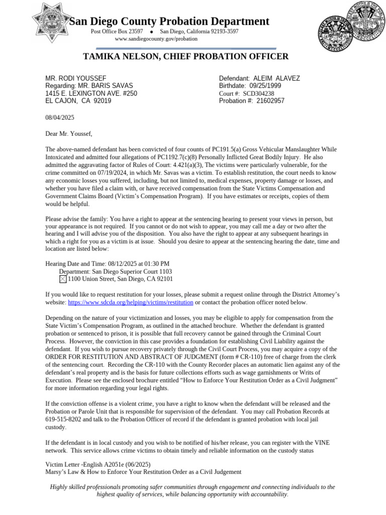 Savas Victim Letter | PDF | Probation | Crimes