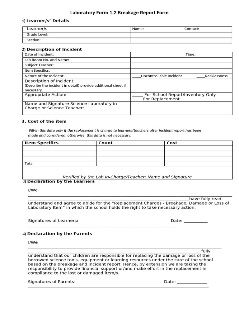 Laboratory Breakage Report Form | PDF | Laboratories