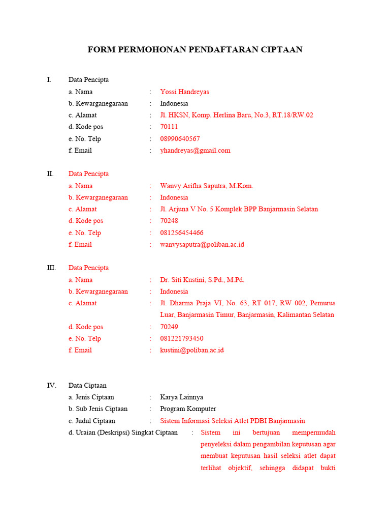 Template Form Permohonan Pendaftaran Ciptaan | PDF