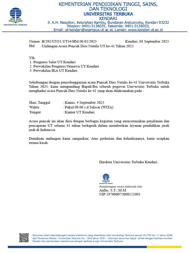 Undangan Acara Puncak Dies Natalis UT Ke-41 Tahun 2025 | PDF
