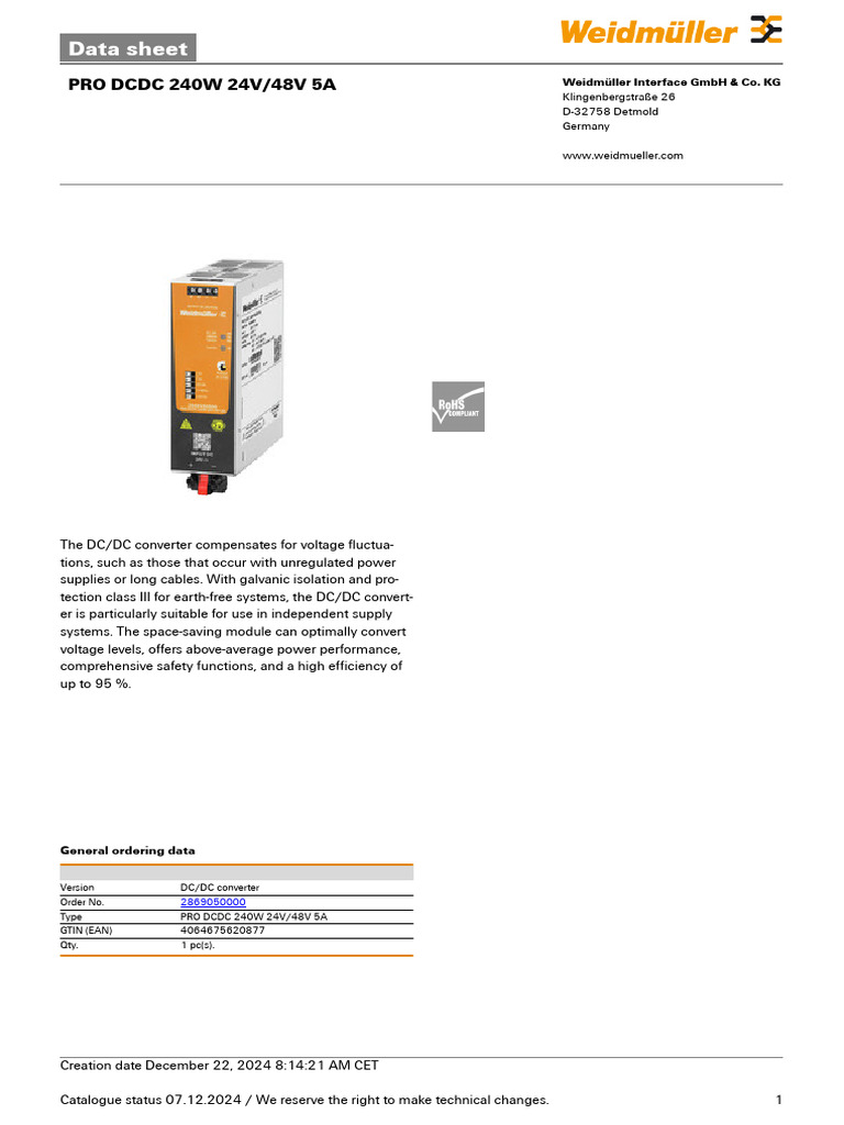 Data Sheet: PRO DCDC 240W 24V/48V 5A | PDF | Insulator (Electricity ...