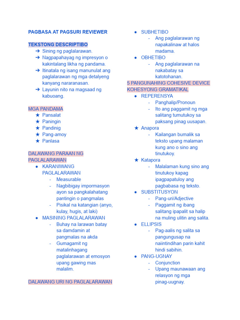 Pagbasa at Pagsuri Reviewer | PDF