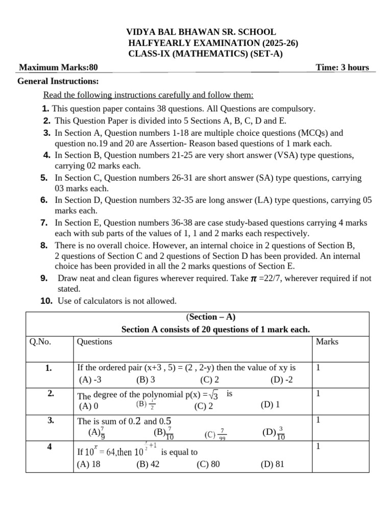 Class IX Mathematics Half-Yearly Exam 2025-26 | PDF | Cartesian ...