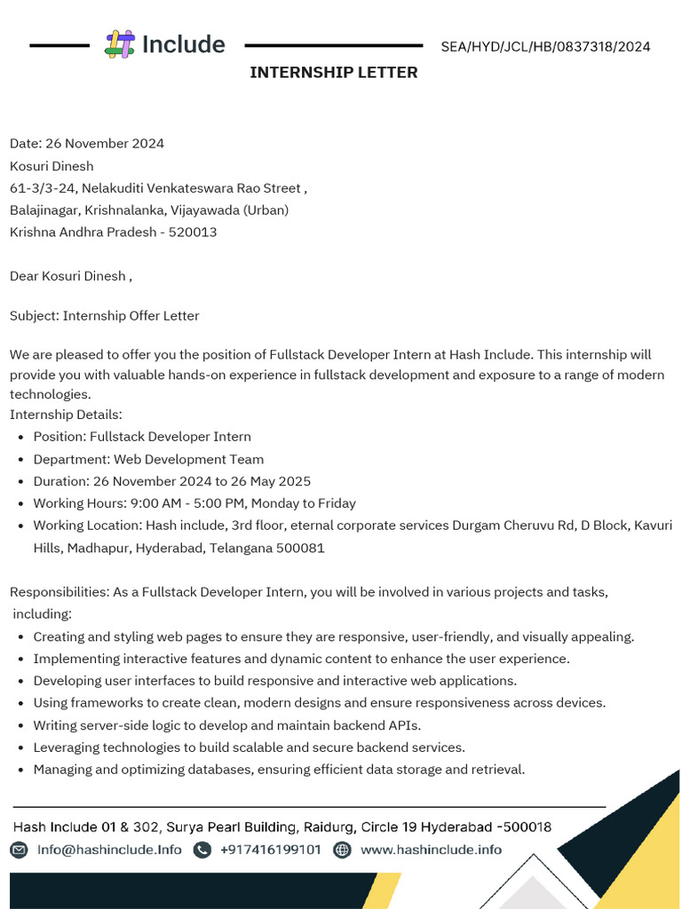 Kosuri Dinesh Internship Letter | PDF | Web Development | Software ...
