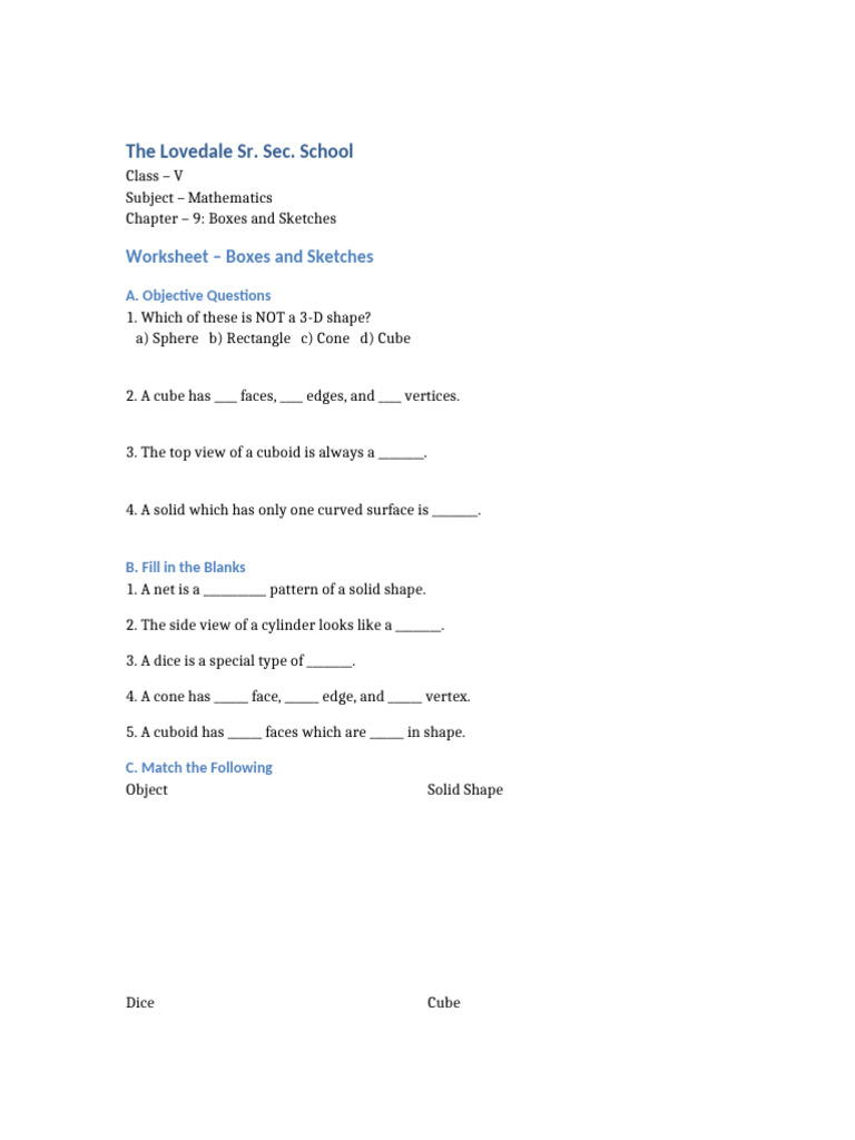 Class 5 Maths: Boxes and Sketches Worksheet | PDF | Shape | Sphere