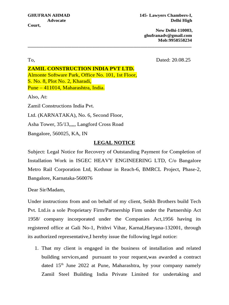 Legal Notice-Bangalore | PDF | Common Law | Justice