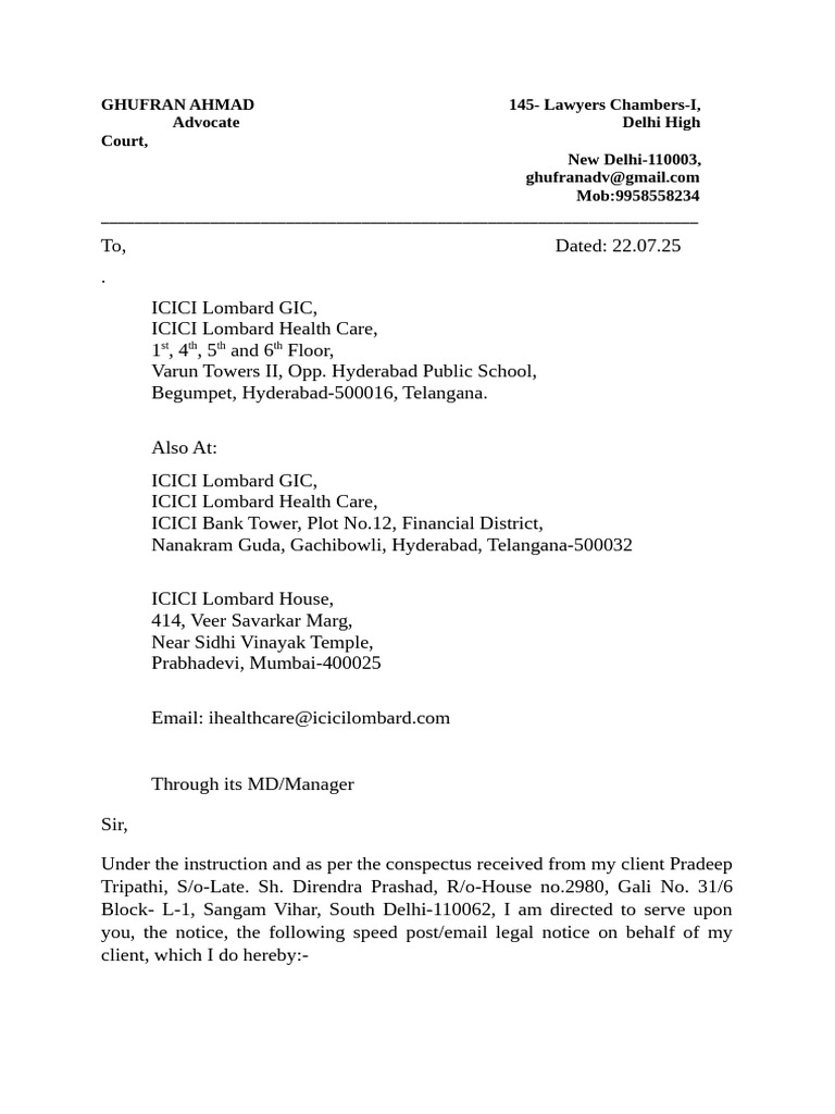 Legal Notice for Insurance Claim Dispute | PDF | Insurance | Private Law