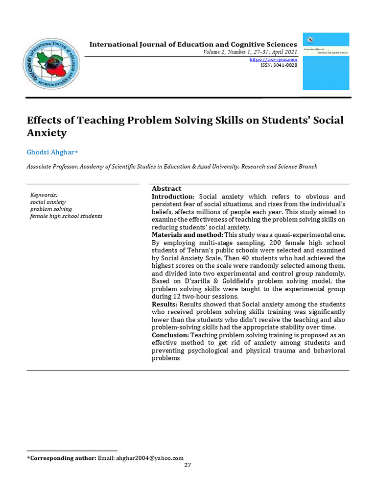 Problem Solving Skills Reduce Social Anxiety | PDF | Social Anxiety ...